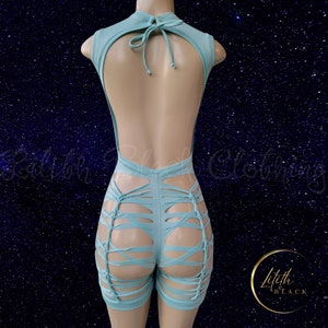 Festival Rave Outfit Black Exotic Dancer Sleeveless Bodysuit Slit Weave Woven Stripper Pole ...