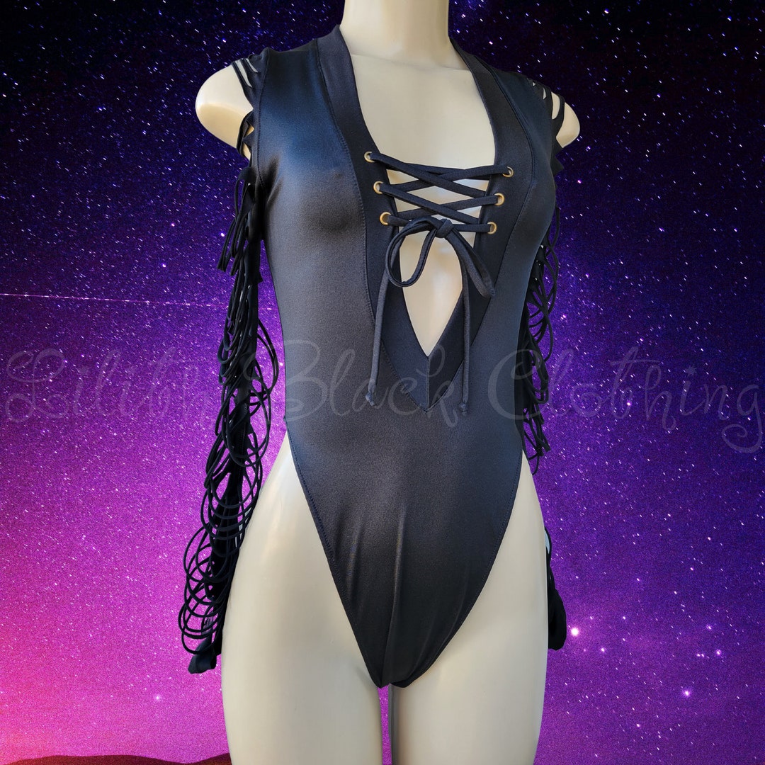 Black Exotic Dancer Stripper Bartender Outfit Long Sleeve Bodysuit Slit Weave Woven Design, Rave ...