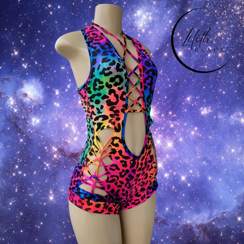 Rainbow Animal Print Racerback Slit Weave Woven Exotic Dancewear Bodysuit Bartender Stripper ...
