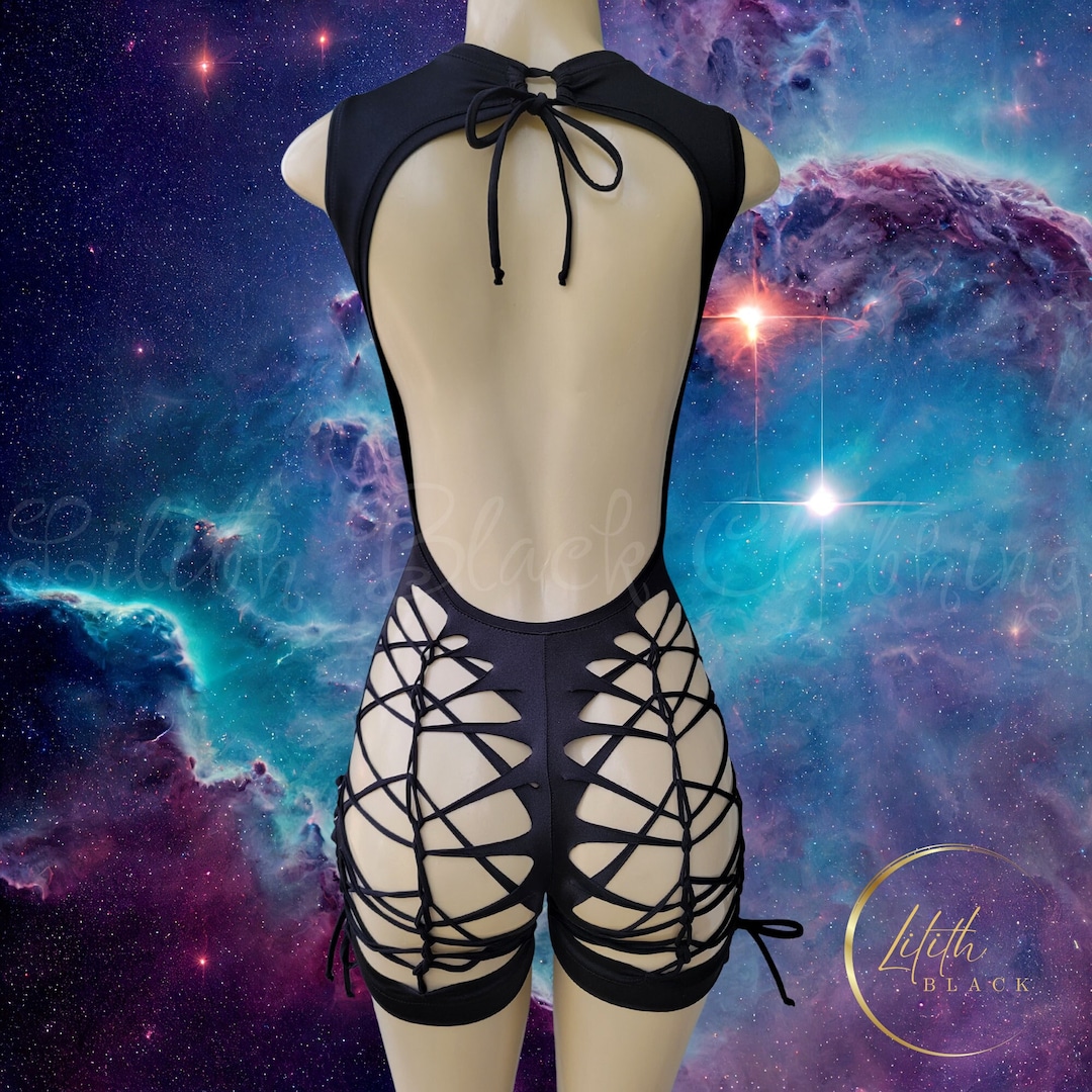 Festival Rave Outfit Black Exotic Dancer Sleeveless Bodysuit Slit Weave Woven Stripper Pole ...