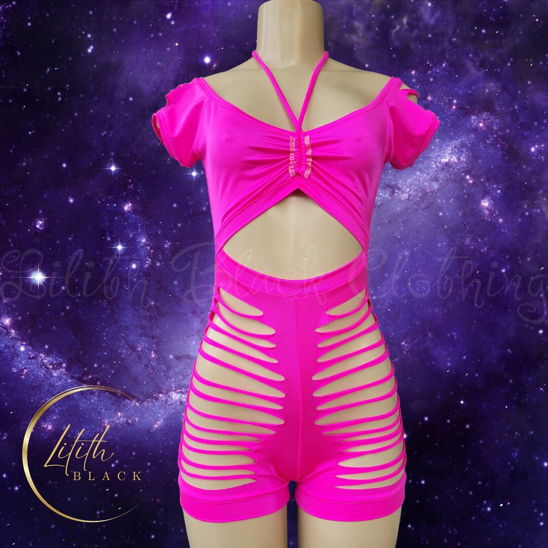 Neon Pink Slit Weave Woven Design Shorts Bodysuit Exotic Dancewear Stripper Clothing Festival ...