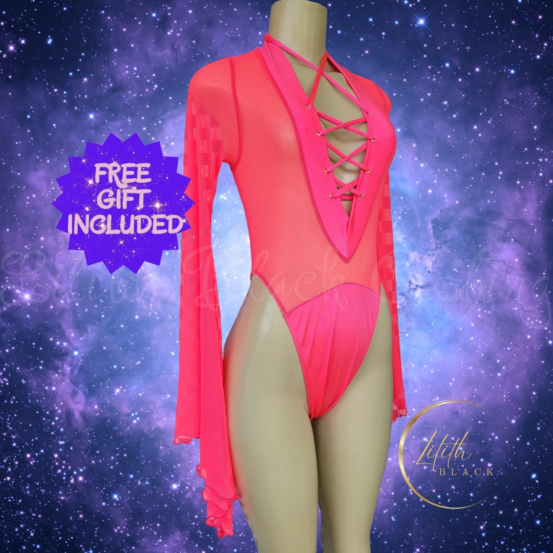 Coral Sheer Flare Long Sleeve Slit Weave Woven Design Adjustable Bodysuit for Ravers Dancers ...