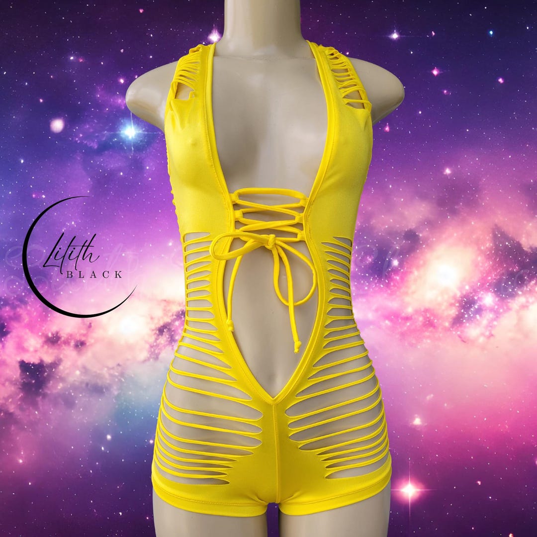 Racer Back Slit Weave Woven Shorts Exotic Dancer Stripper Bodysuit Festival Rave EDM Costume ...