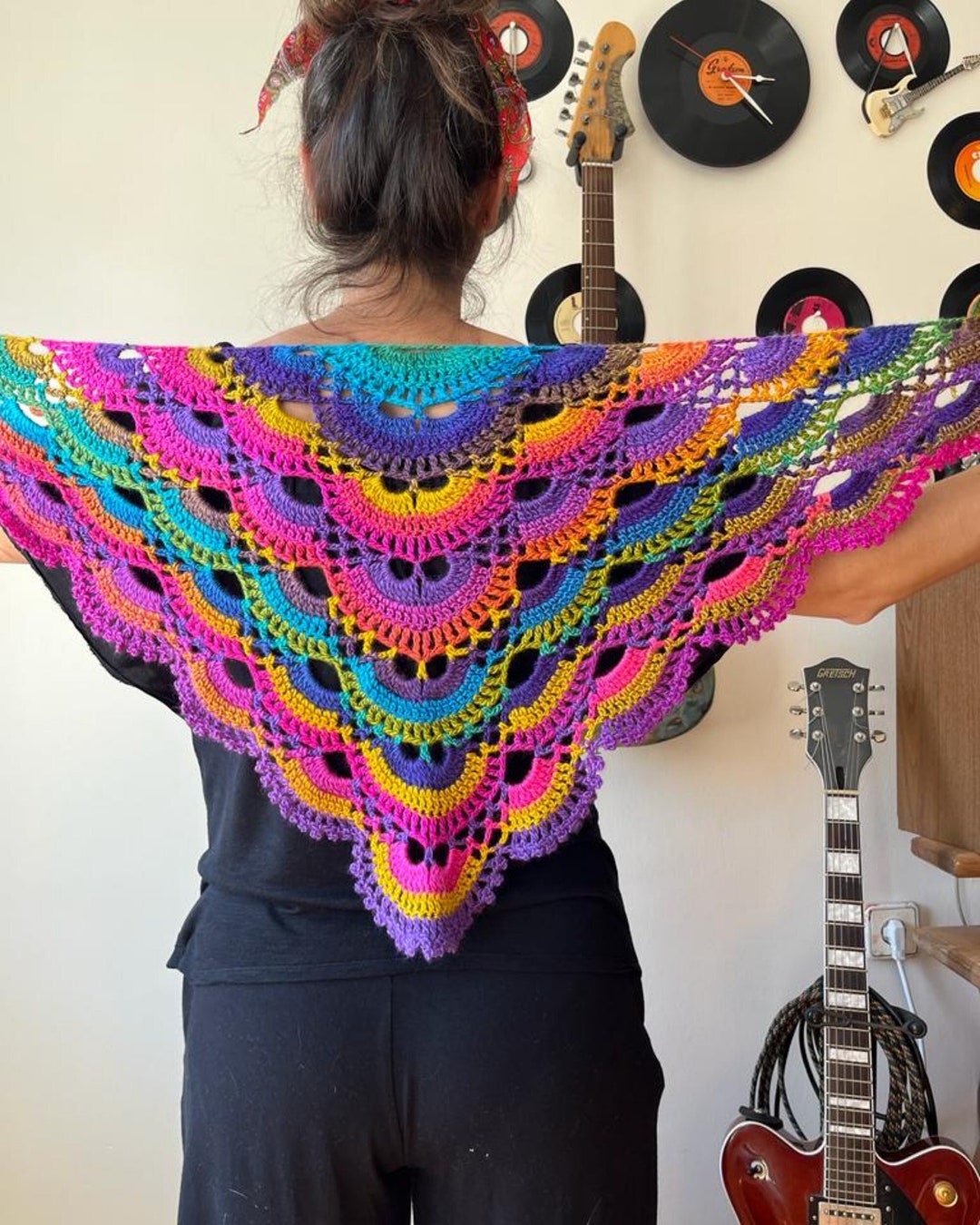 Boho Scarf, Crochet Shawl, Knit Shawl, Colorful Triangle Shawl, Virus ...