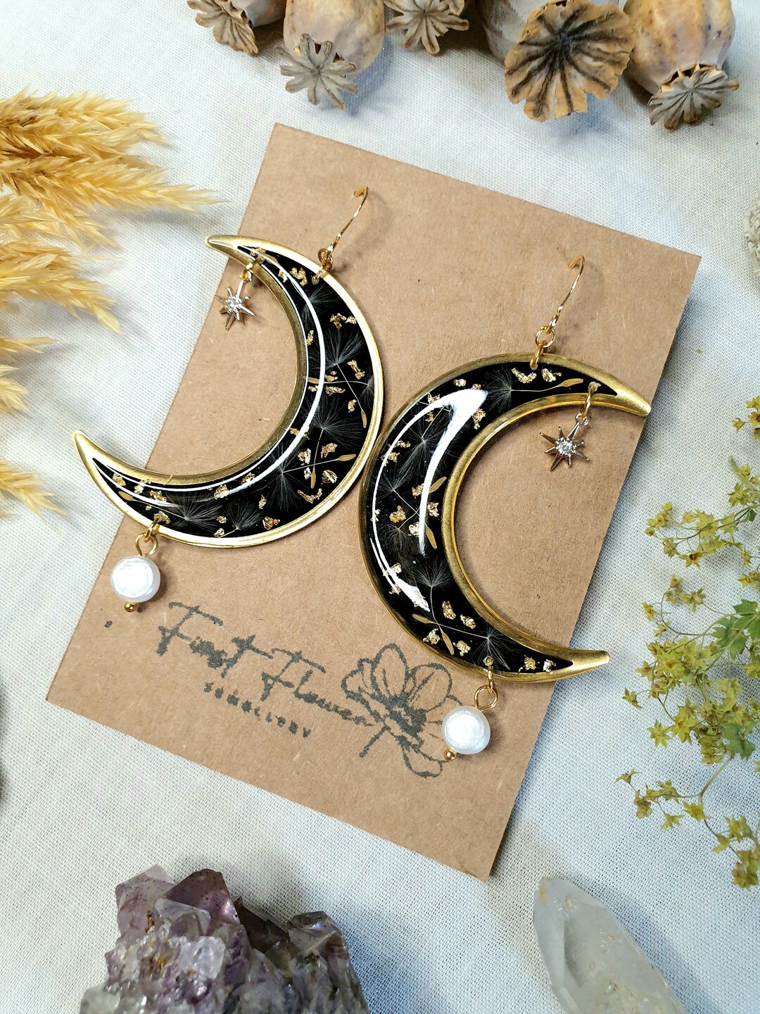 Wish Upon a Star Statement Moon Dangles With Dandelion Seeds & - Etsy