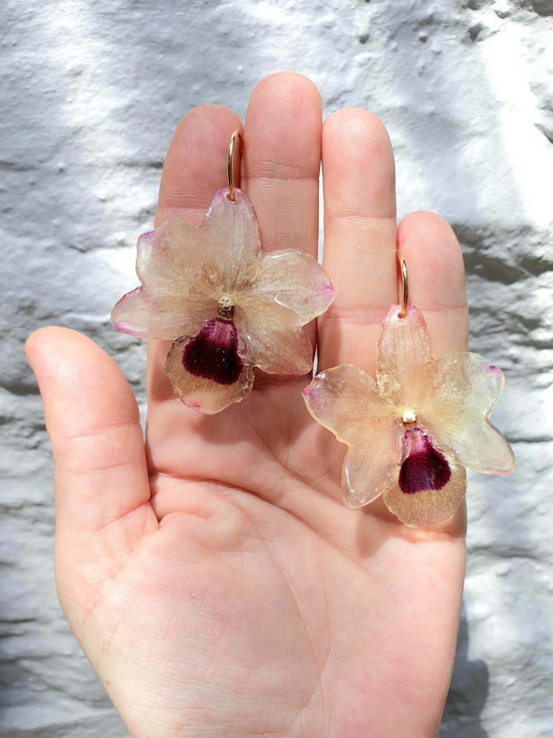 Baby Ogs: Tiny Dendrobium Orchids on 15mm, 18k Gold Plated Half Hoops ...