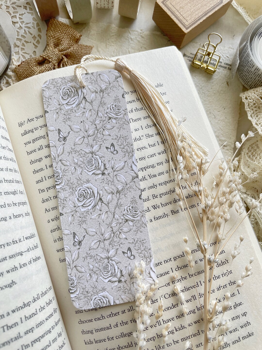 White Rose Bookmark Bookmark With Tassel Cute Bookmark - Etsy