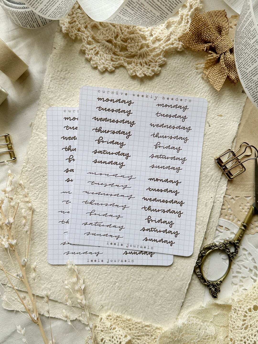 Cursive Weekly Headers Sticker Sheet, Bullet Journal Stickers, Planner ...