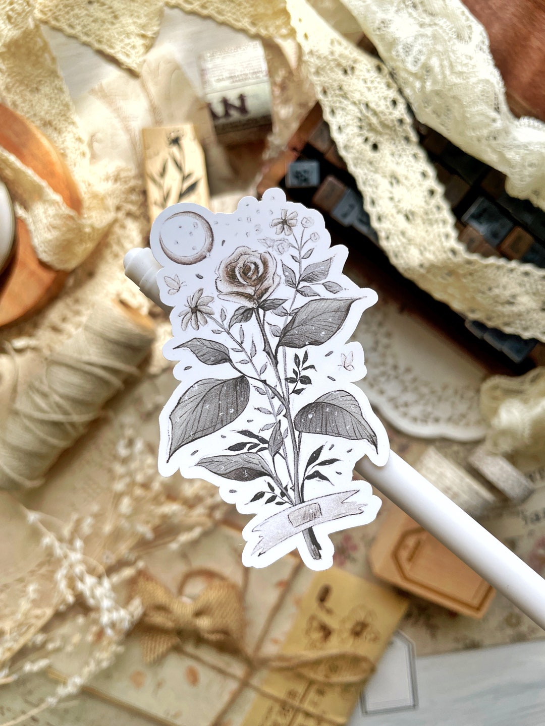 Vintage Rose Weatherproof Vinyl Sticker 1.5x2.5, Waterproof Sticker ...