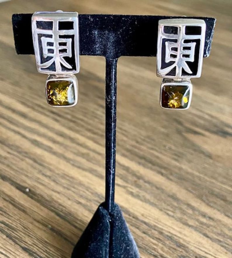 Lori Bonn Baltic Amber 925 Earrings, Sterling Silver Asian Symbol Drop ...
