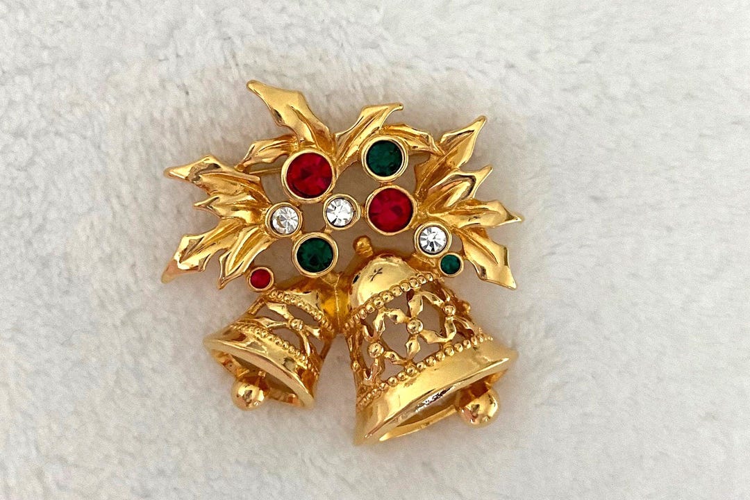 Avon Rhinestone Christmas Bells Pin, "joyous Bell" Gold Tone, Christmas ...