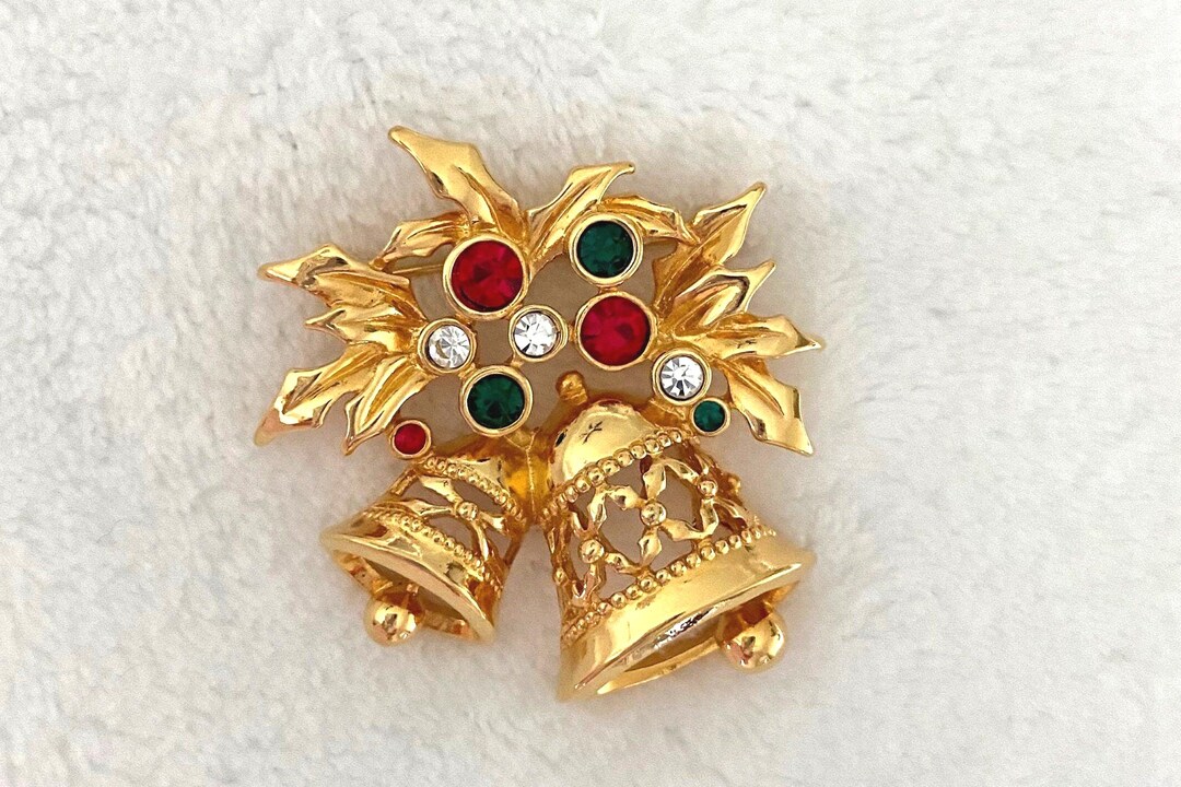 Christmas Bells Avon Pin: Gold Tone Red & Green Rhinestones, 1994 - Etsy