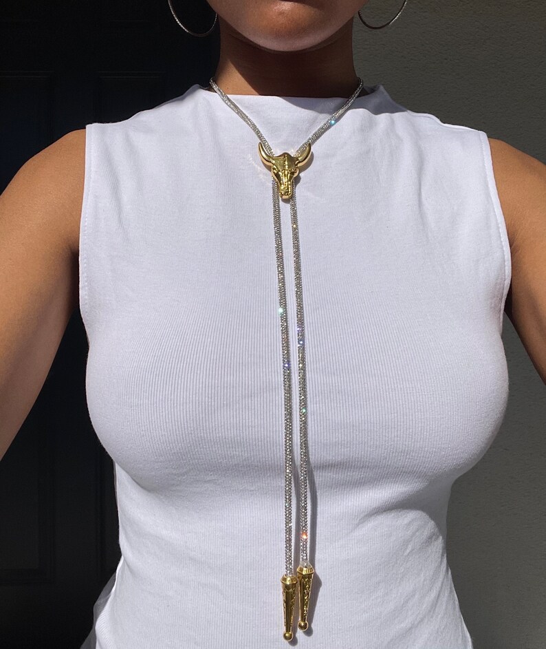 Cowboy Carter Inspired Rhinestone Bolo Tie, Rhinestone Necklace, Gold ...
