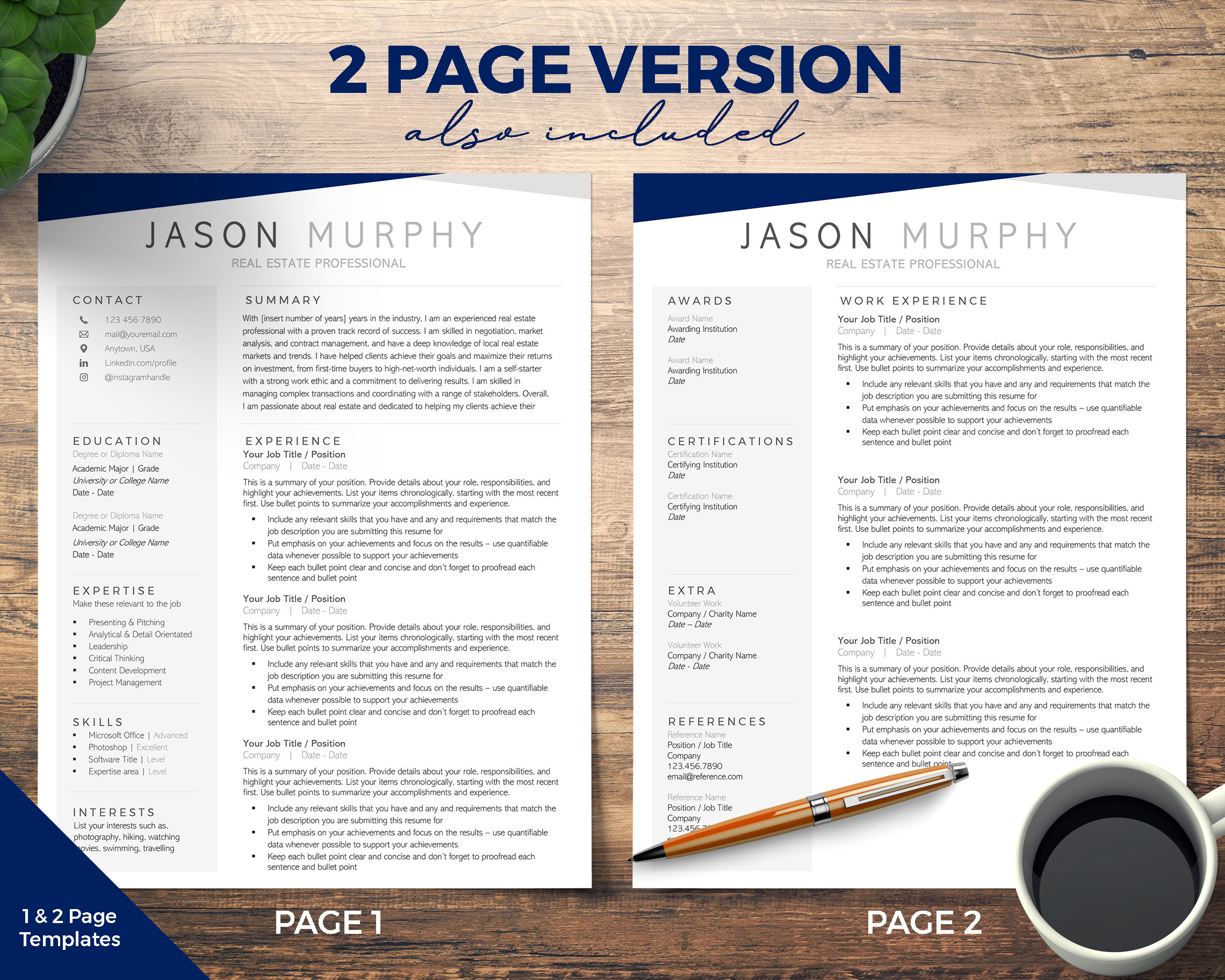 Resume Template Word, Professional CV Template, 2 Page Resume, Clean CV ...