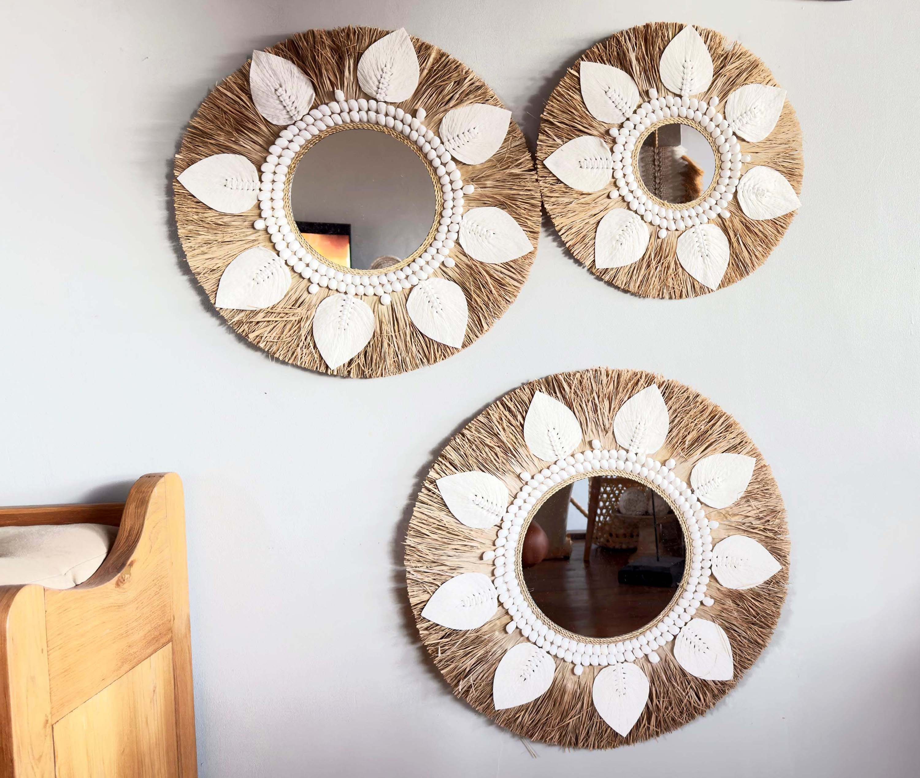 Bohemian Mirror Set of Wall Decor, Raffia Sun Mirror, Fringe Decoration ...