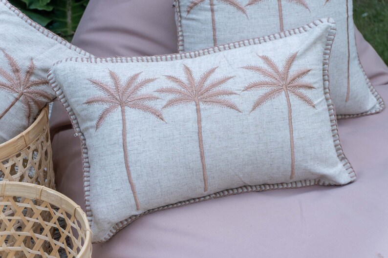 Amelia-palm Tree Embroidered Linen Cushion Cover With Handstitched ...