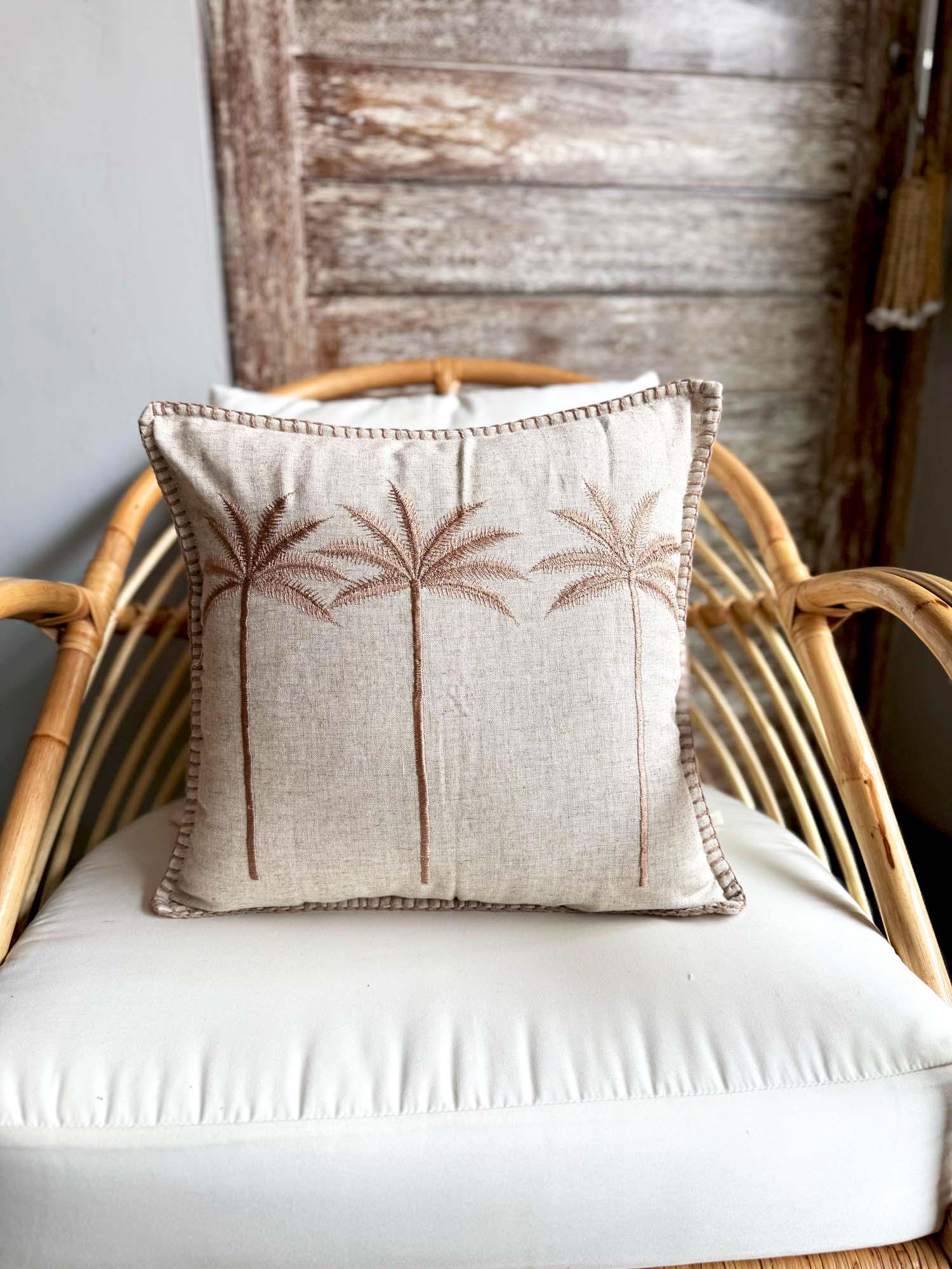 Amelia-palm Tree Embroidered Linen Cushion Cover With Handstitched ...