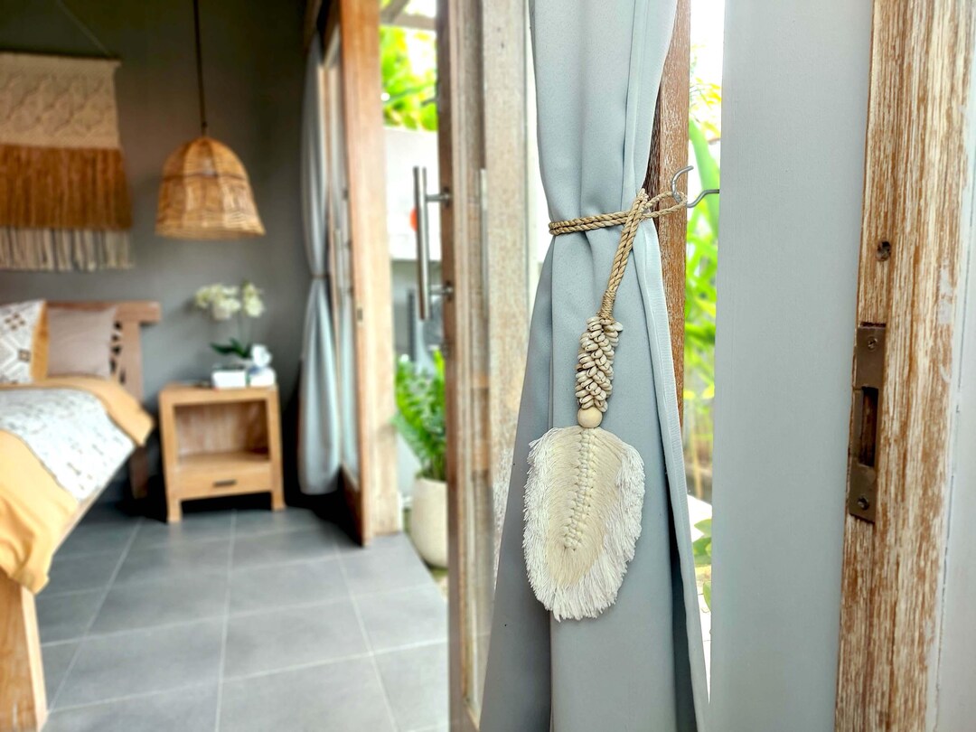 Pair of Boho Macrame Tieback Curtain With Cowrie Shells, Window ...