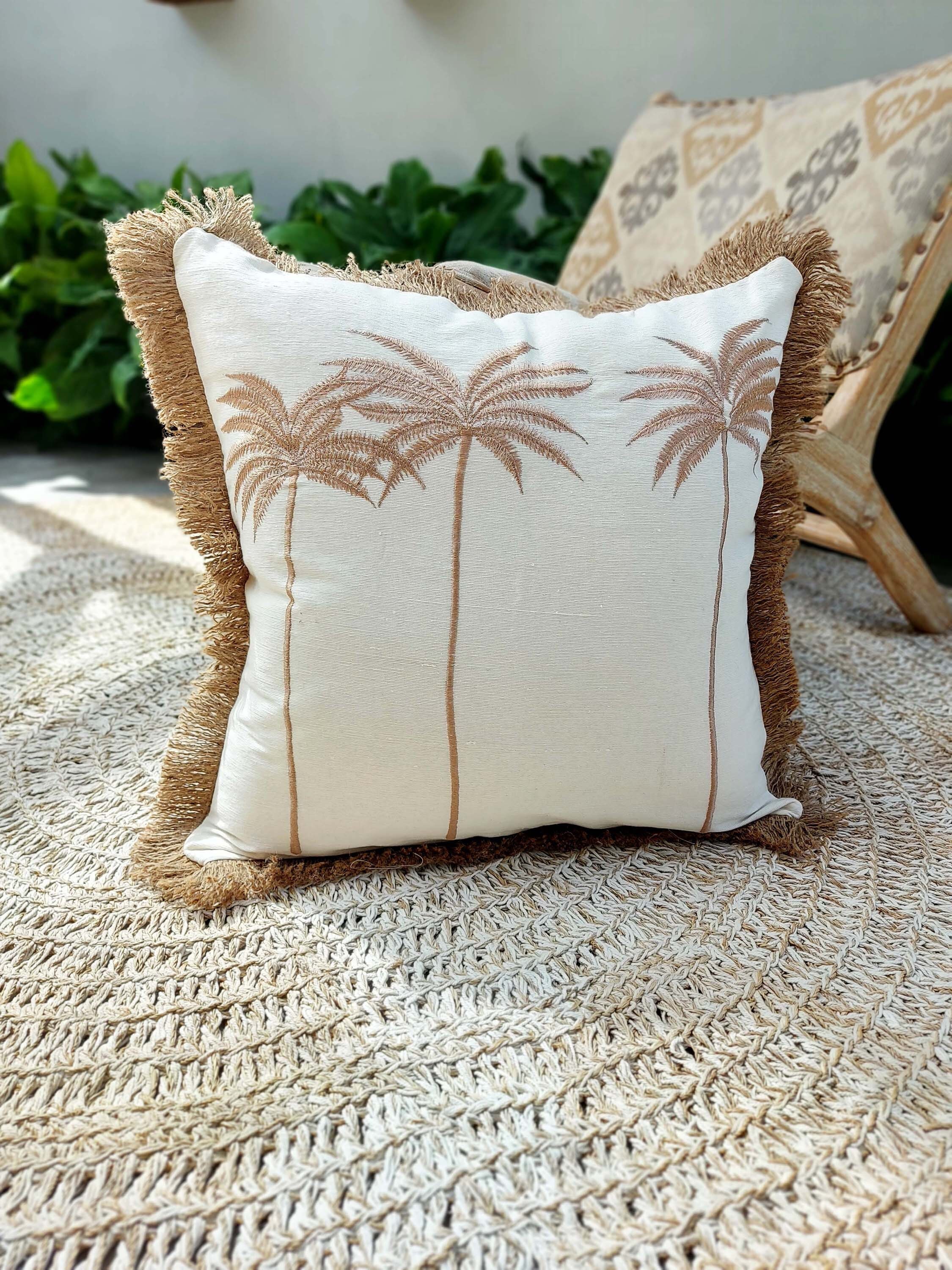 Palm Trees Cushion Cover With Burlap Fringes, Throw Cushion Cover ...