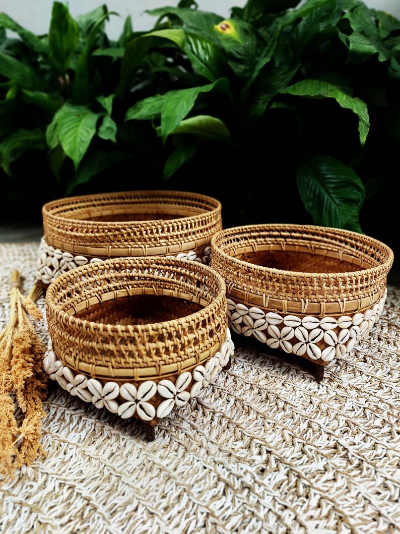 Set of 3 Bamboo Basket With Shells Brown Bamboo Basket Bali - Etsy
