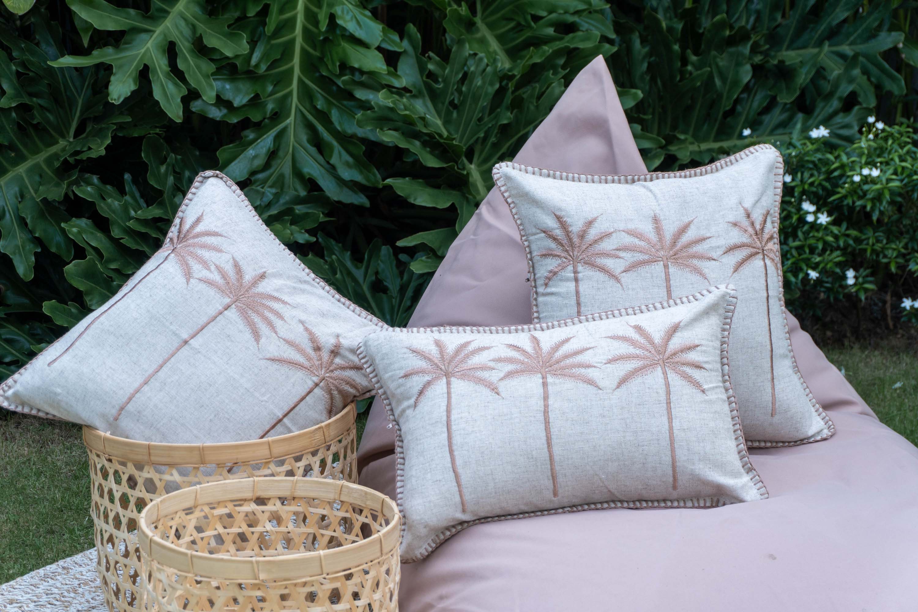 Amelia-palm Tree Embroidered Linen Cushion Cover With Handstitched ...