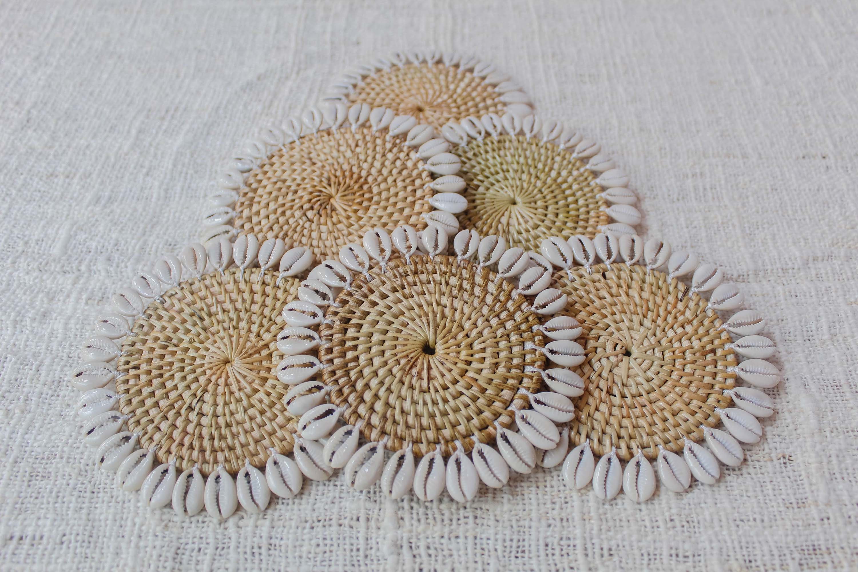 Unique Set Rattan Coaster With Cowrie Shell Accents, Eco-friendly ...