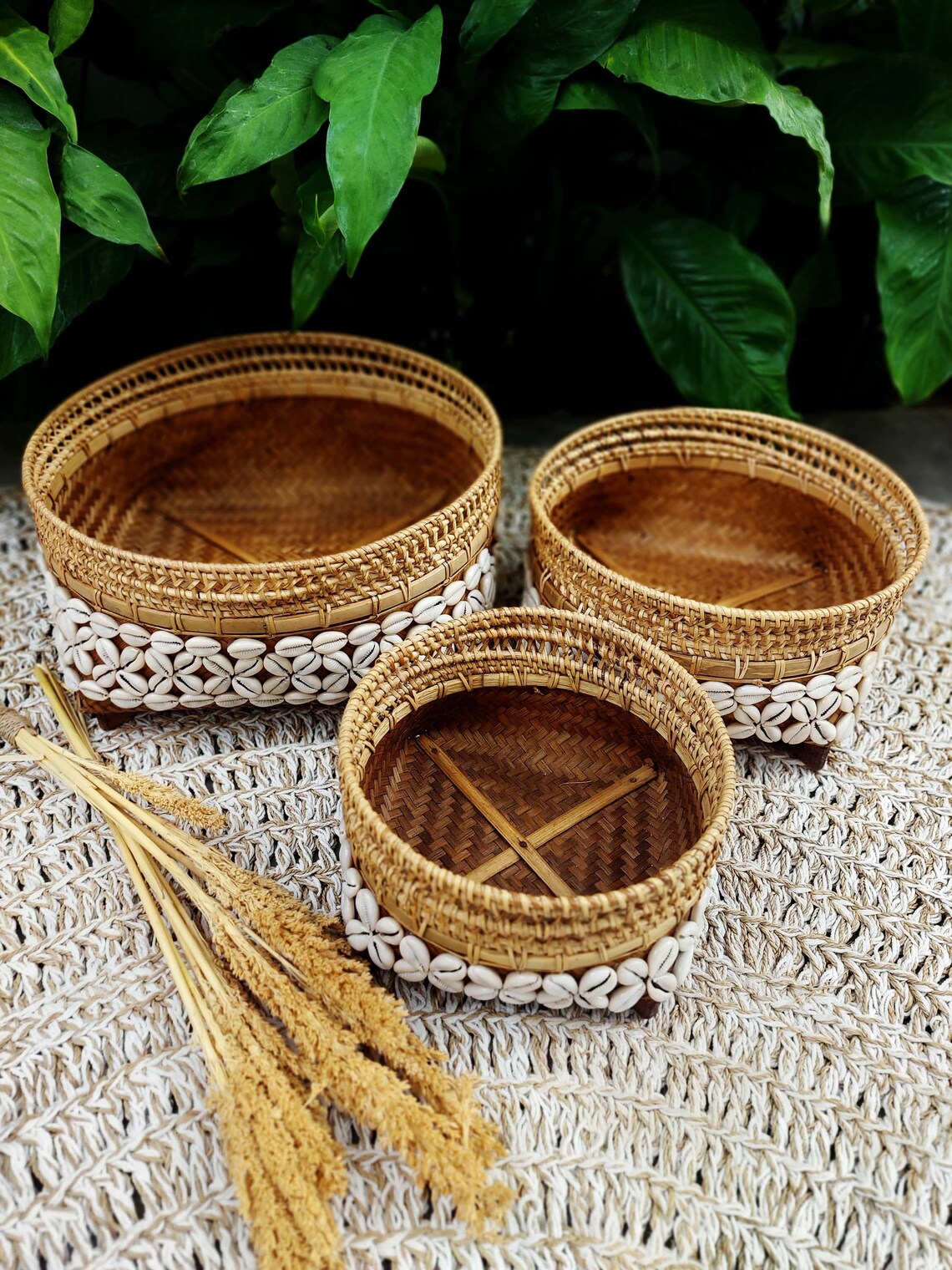 Set of 3 Bamboo Basket With Shells Brown Bamboo Basket Bali - Etsy