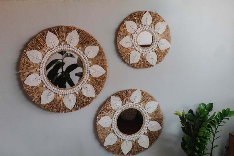 Bohemian Mirror Set of Wall Decor, Raffia Sun Mirror, Fringe Decoration, Sofa Wall Art, Gifts ...