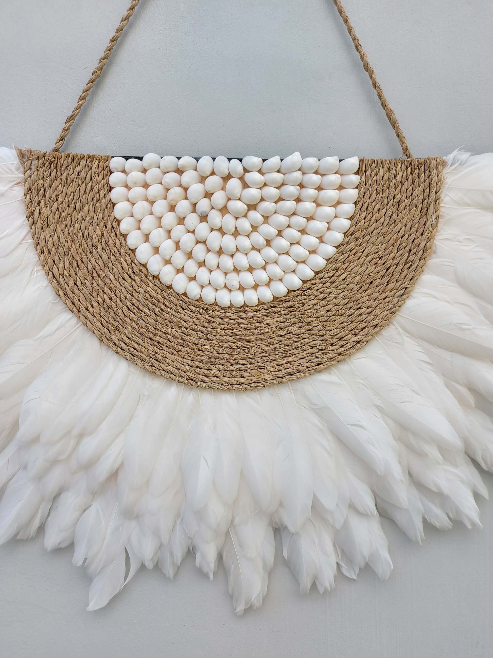 Wall Decor Raffia Shells Feathers Raffia Wall Hanging - Etsy