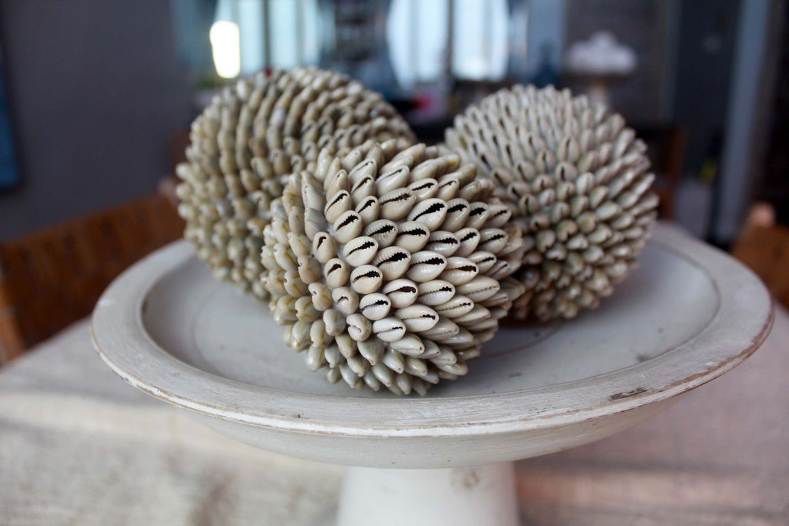 Seashells Table Decor, Set of 3 Cowrie Shell Balls for Coastal Style ...