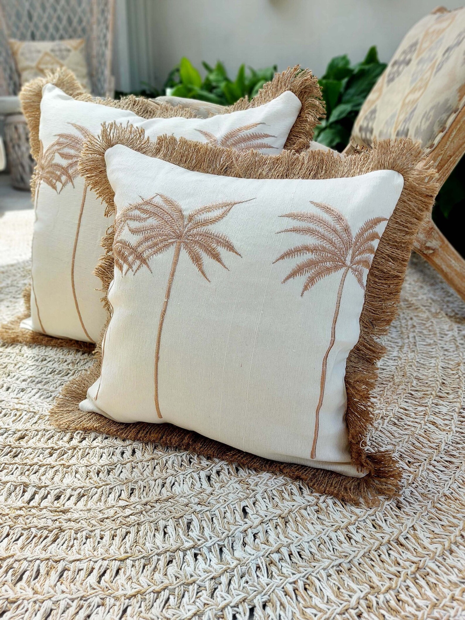 Palm Trees Cushion Cover With Burlap Fringes, Throw Cushion Cover ...