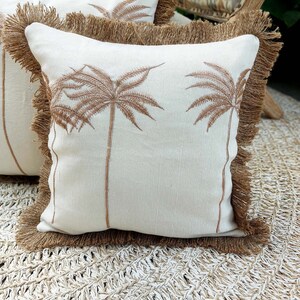 Palm Trees Cushion Cover With Burlap Fringes, Throw Cushion Cover ...