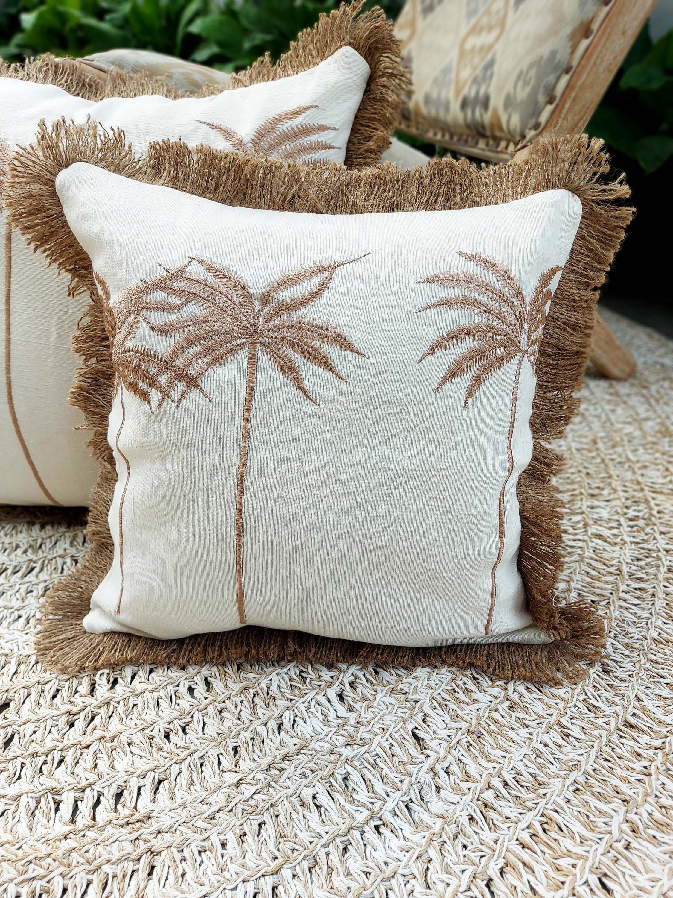 Palm Trees Cushion Cover With Burlap Fringes, Throw Cushion Cover ...