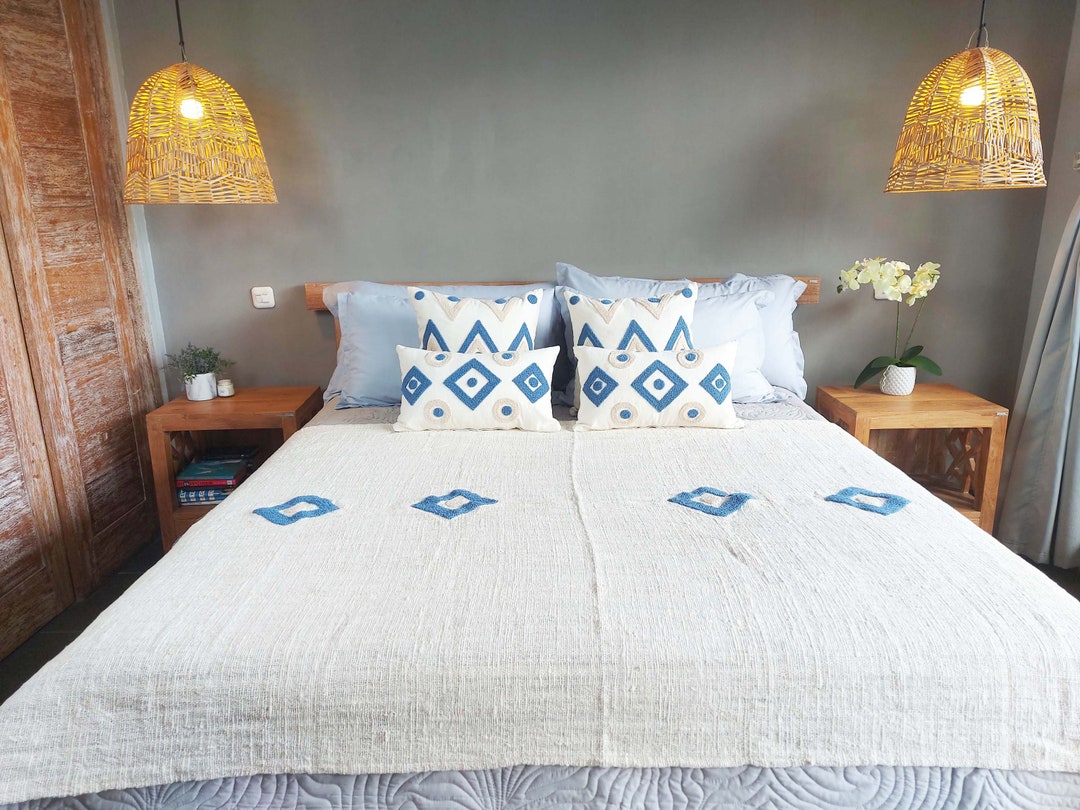 Scandi Inspired Beige and Grey Blue Geometric Bedding Set, Modern ...