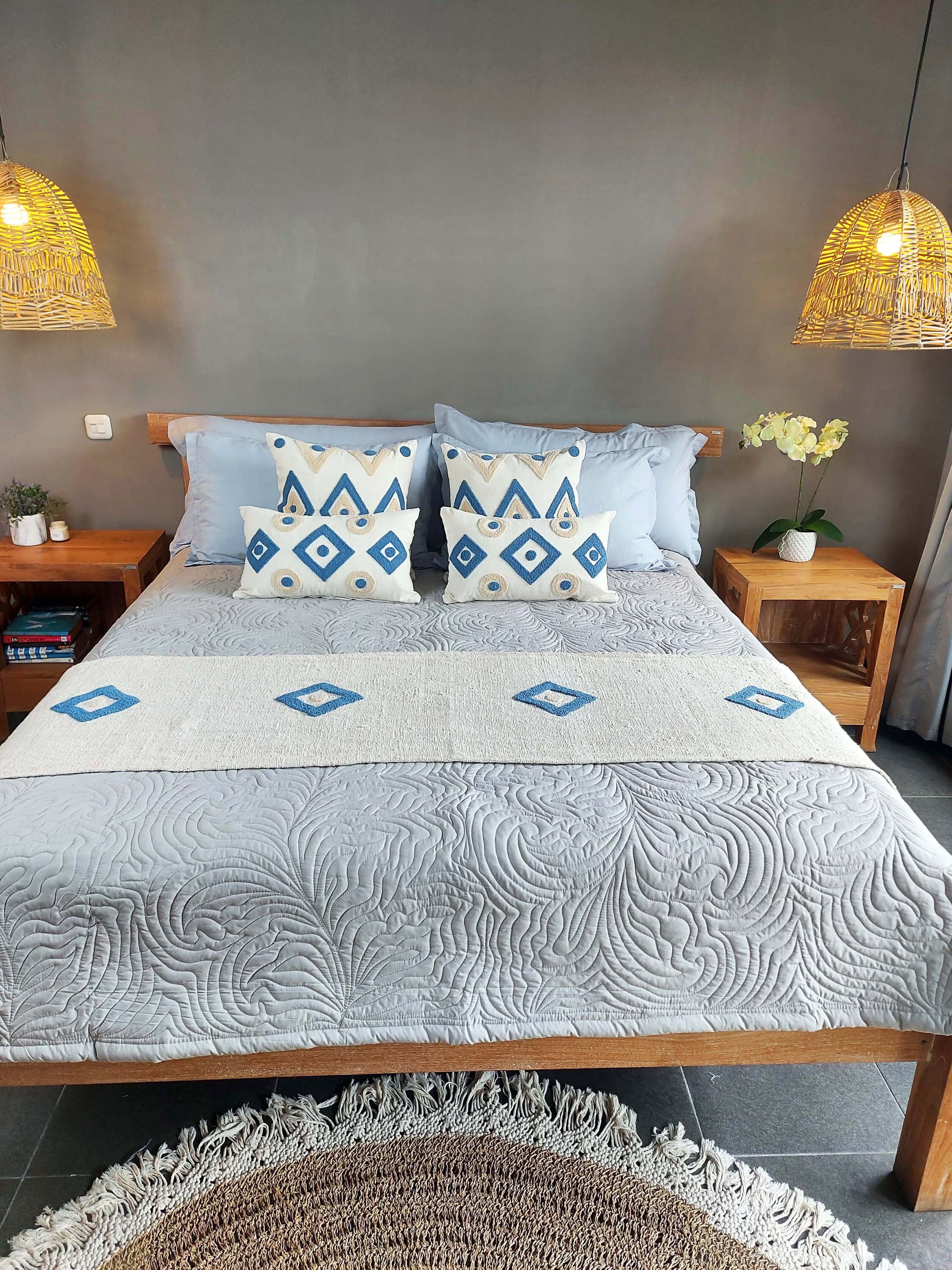 Scandi Inspired Beige and Grey Blue Geometric Bedding Set, Modern ...