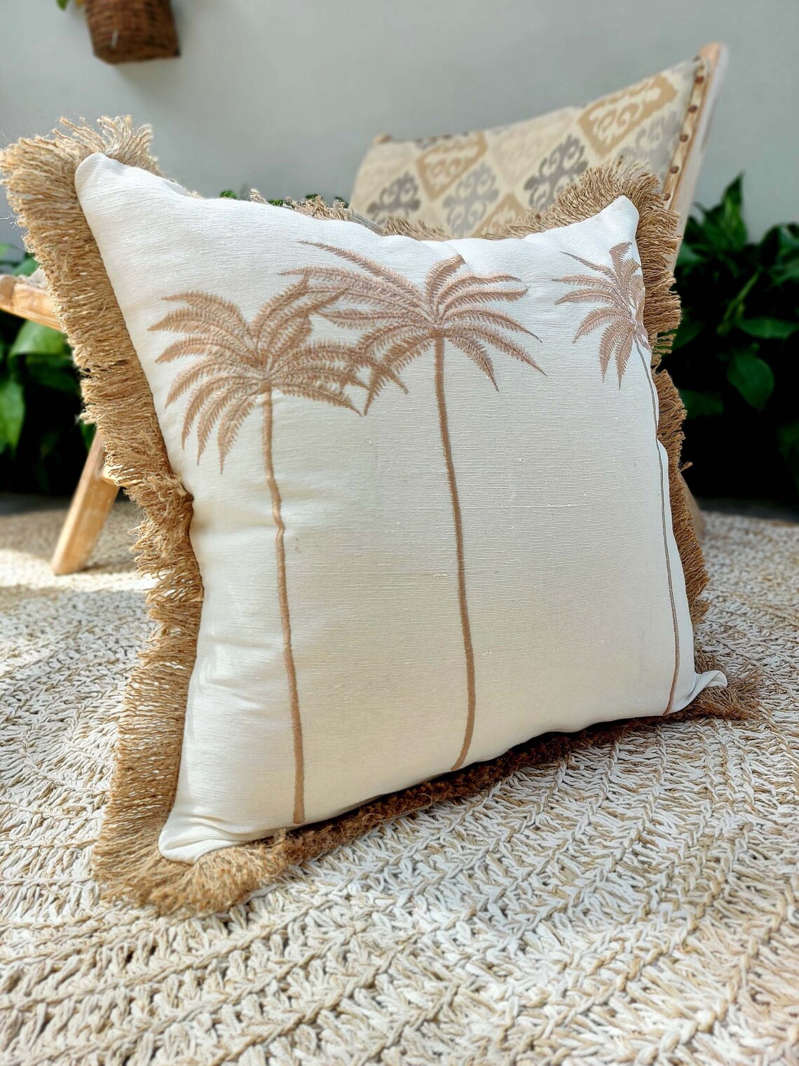 Palm Trees Cushion Cover With Burlap Fringes, Throw Cushion Cover ...