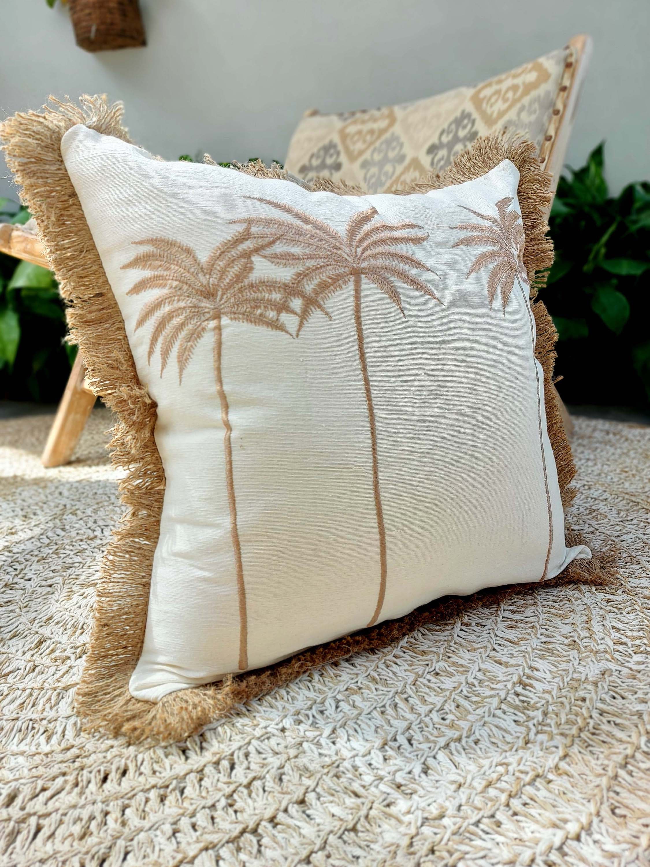 Palm Trees Cushion Cover With Burlap Fringes, Throw Cushion Cover ...