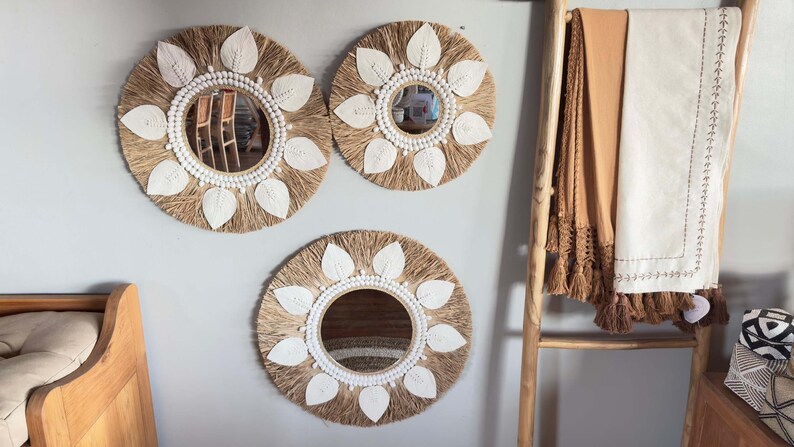 Bohemian Mirror Set of Wall Decor, Raffia Sun Mirror, Fringe Decoration ...