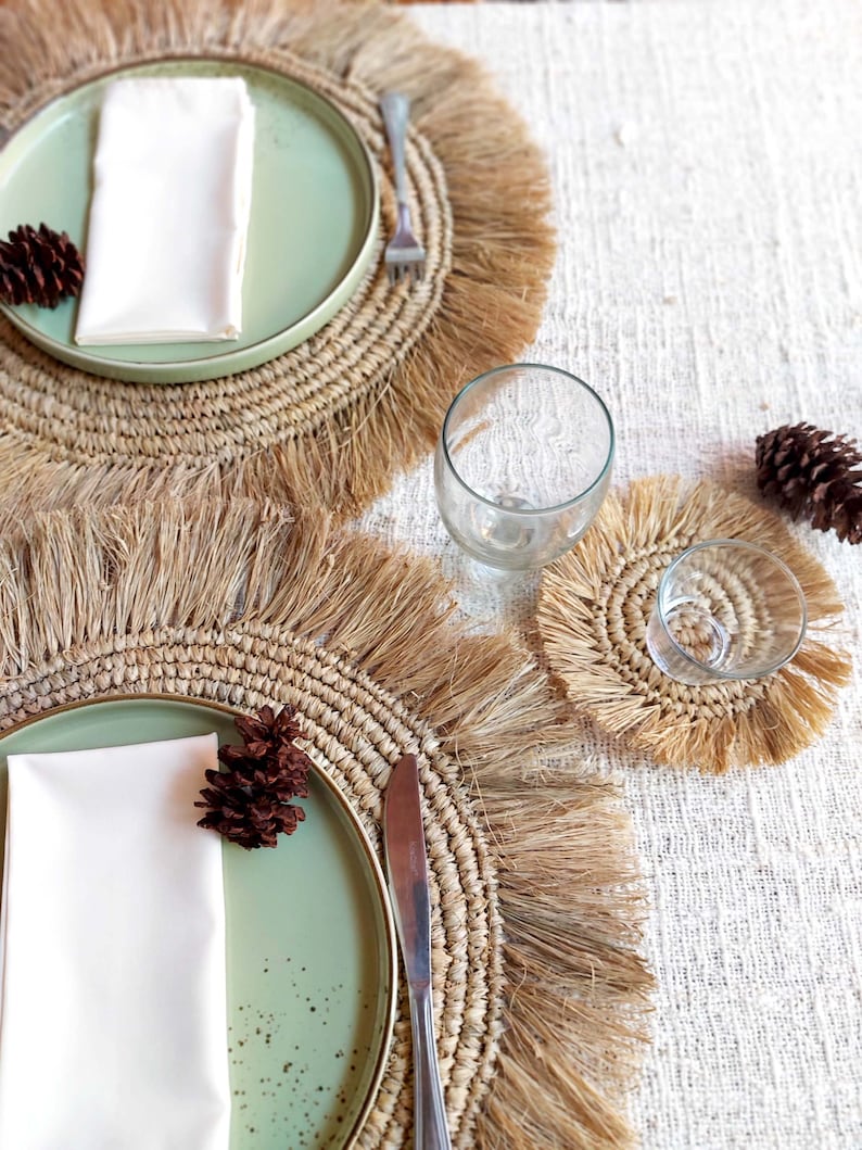 Natural Straw Boho Placemats With Fringes, Woven Placemats Set of 4 ...