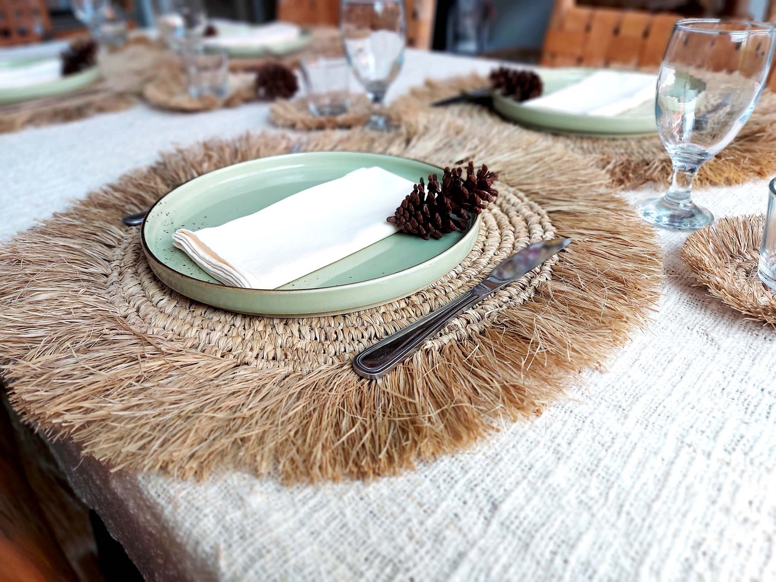 Natural Straw Boho Placemats With Fringes, Woven Placemats Set of 4 ...