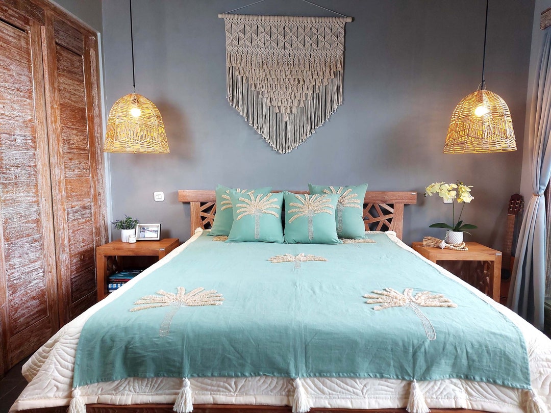 Isla-palm Tree Cotton Linen Bedding Set Queen, Aesthetic Bedding With ...