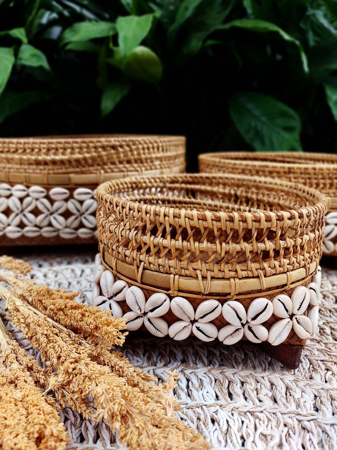 Set of 3 Bamboo Basket With Shells Brown Bamboo Basket Bali - Etsy