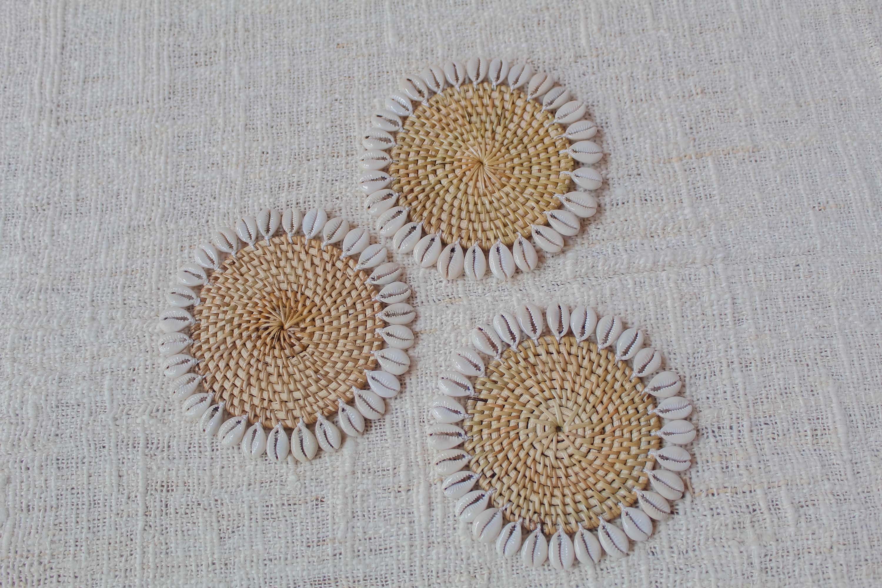 Unique Set Rattan Coaster With Cowrie Shell Accents, Eco-friendly ...