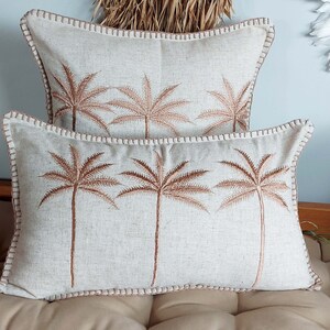 Amelia-palm Tree Embroidered Linen Cushion Cover With Handstitched ...
