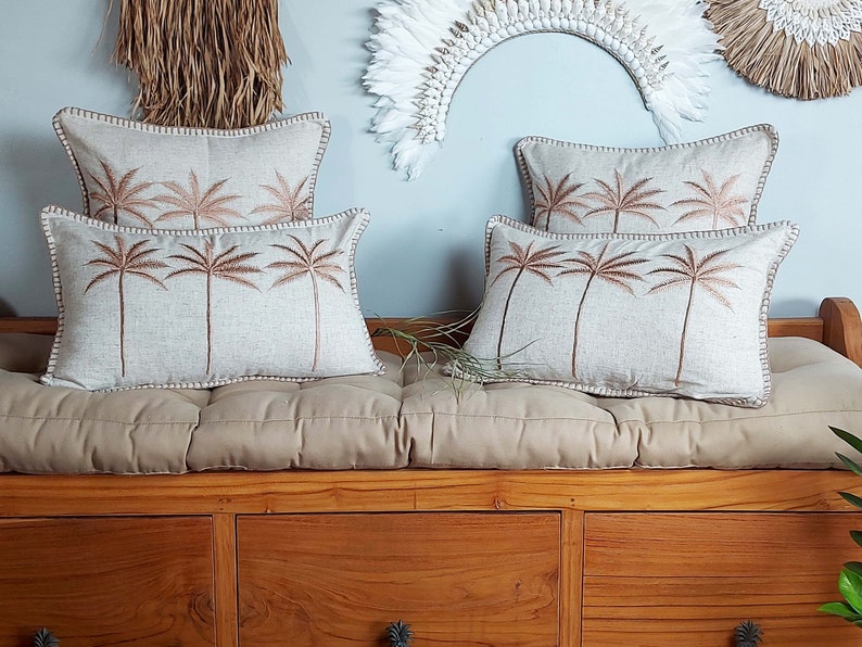 Amelia-palm Tree Embroidered Linen Cushion Cover With Handstitched ...