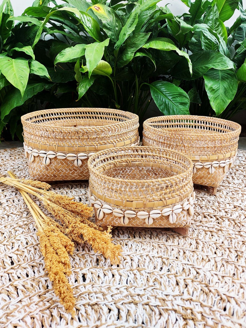 Set of 3 Bamboo Basket With Shells Brown Bamboo Basket Bali - Etsy