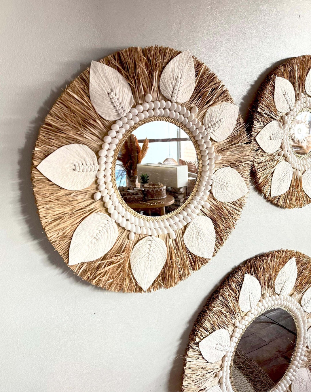 Bohemian Mirror Set of Wall Decor, Raffia Sun Mirror, Fringe Decoration ...