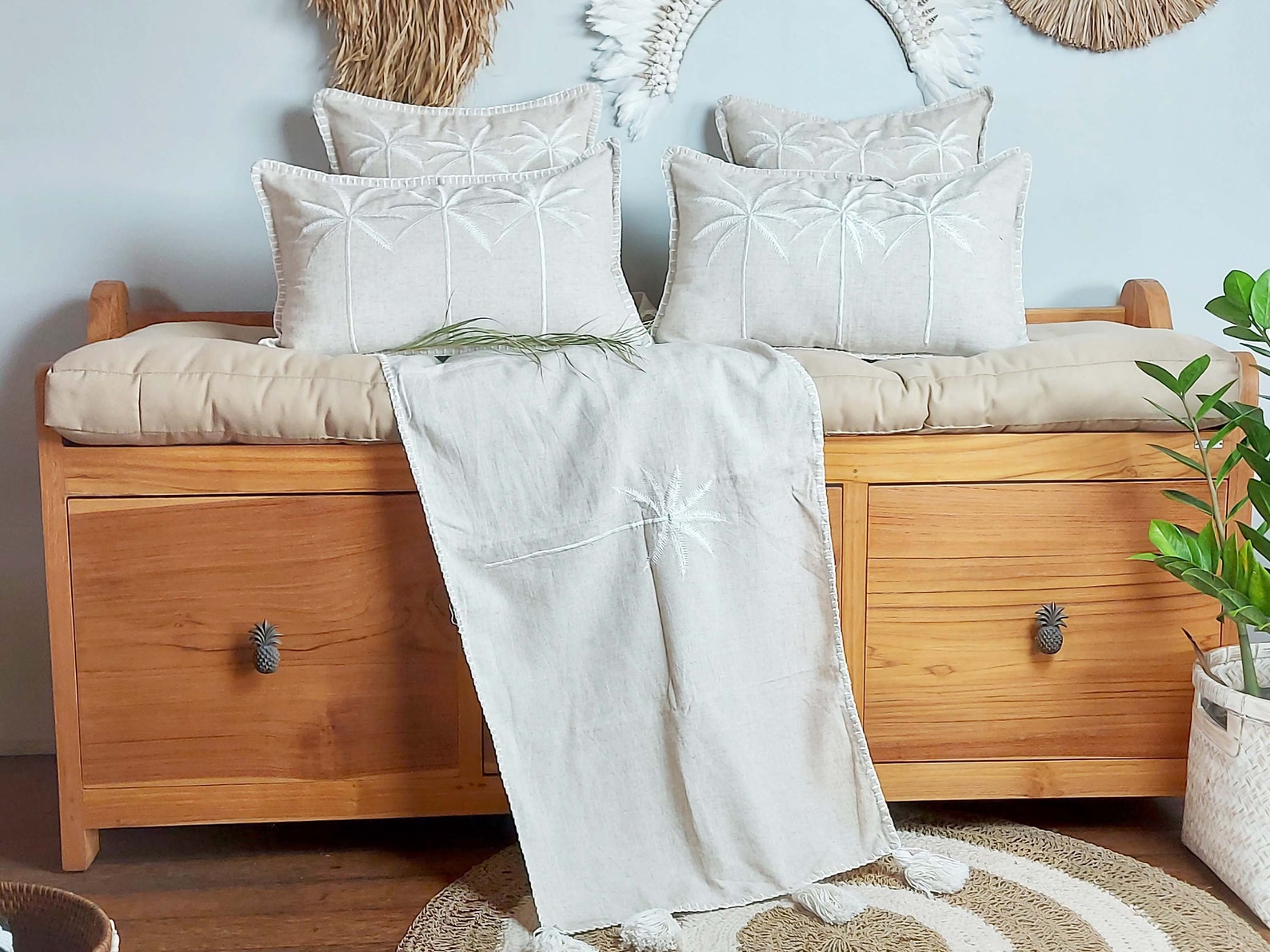 Palm Tree Linen Cushion Cover, Palm Tree Leaves Throw Pillow Cover ...