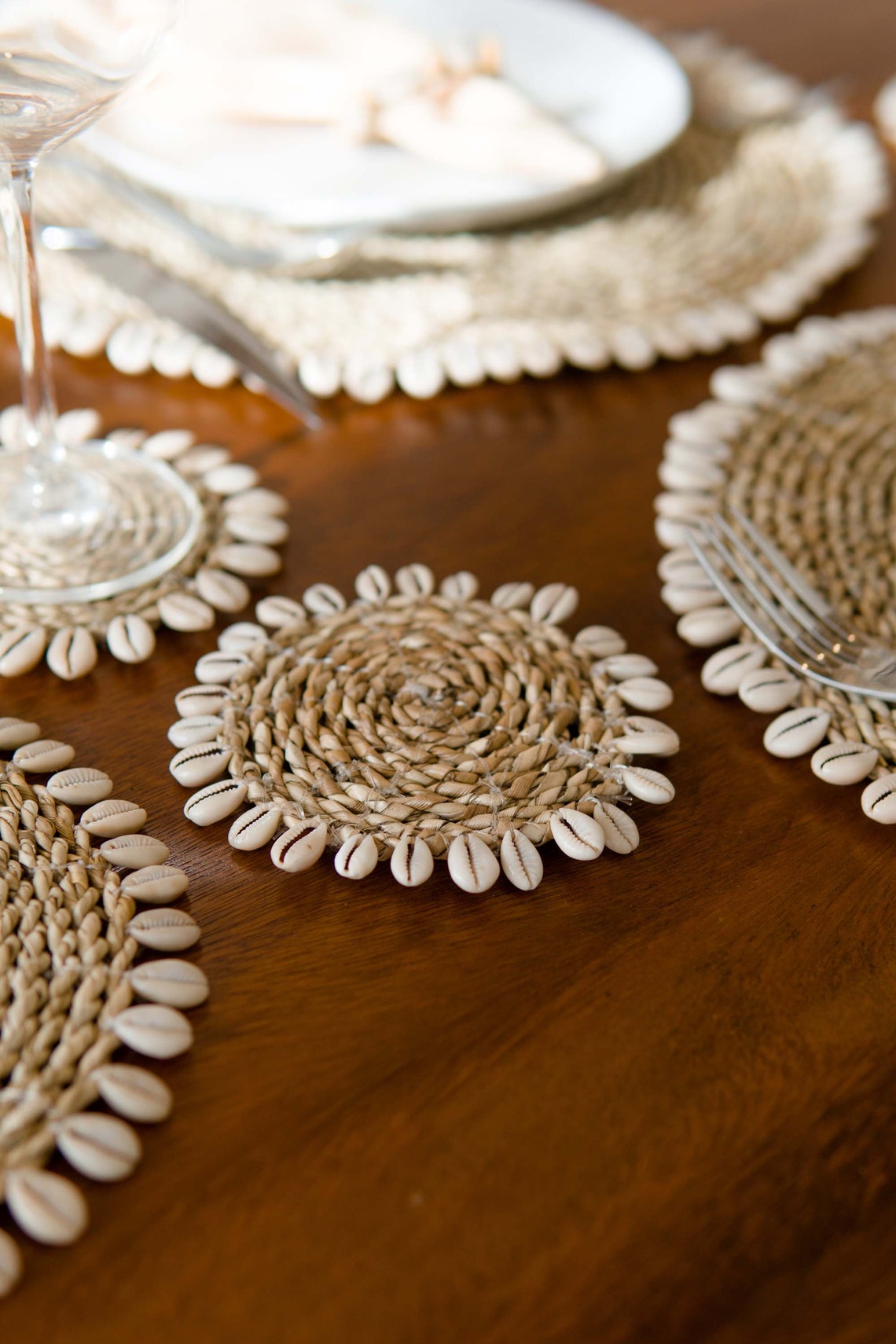 Round Placemats Seagrass With Cowrie Shells, Woven Boho Placemats Set ...