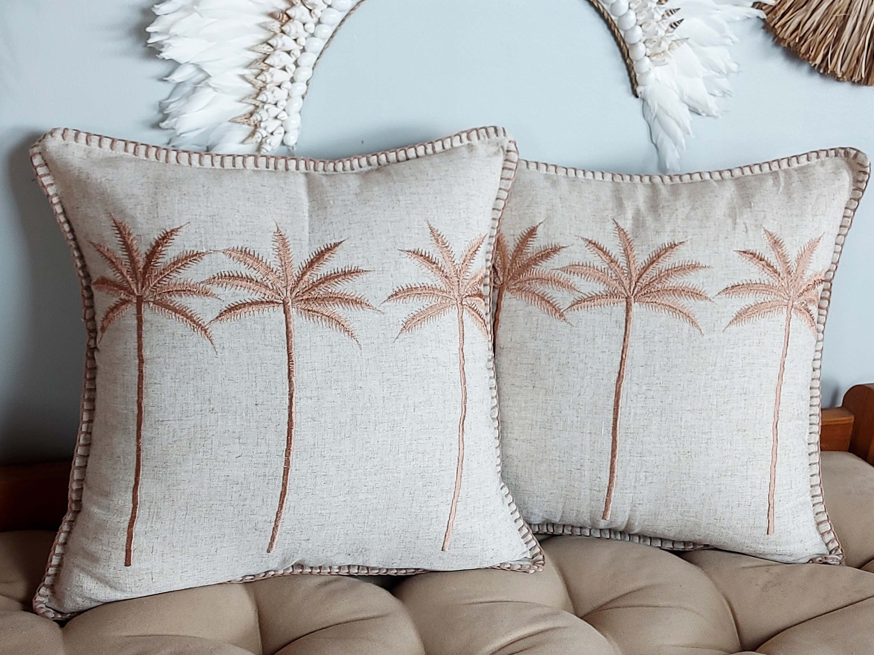 Amelia-palm Tree Embroidered Linen Cushion Cover With Handstitched ...